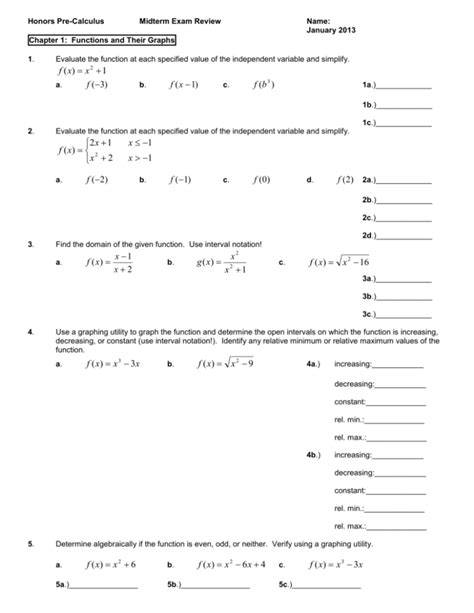 Pre Calculus Midterm Exam Review Functions Trig