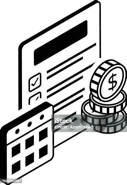 달력 공급업체 목록이 있는 현금 벡터 아이소메트릭 개요 아이콘 디자인 비즈니스 금융 기호 재무 및 자본 예산 기호 재무 계획