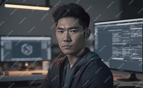 premium photo an asian man computer engineer programmer sits at a