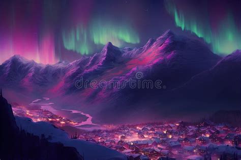 A Night View Of A Village Under The Northern Lights Stock Illustration