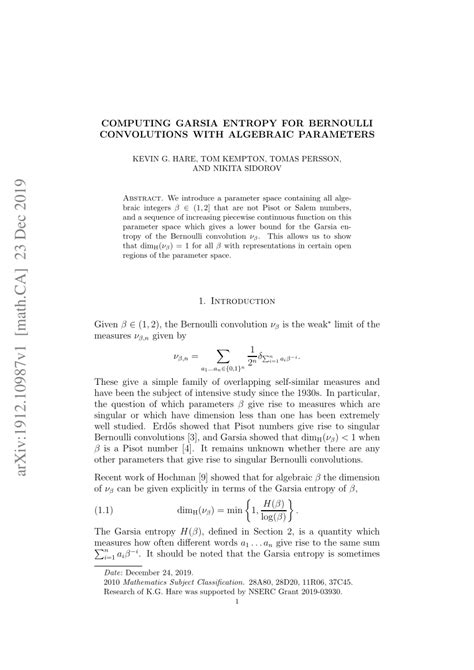 Pdf Computing Garsia Entropy For Bernoulli Convolutions With Algebraic Parameters