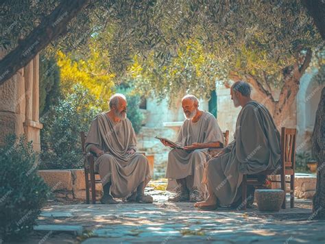 Ancient Greek Philosophers In Deep Discussion Under The Shade Of Olive