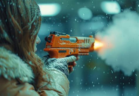 Closeup Of A Woman Aiming A Plastic Gun At A Target In An Indoor