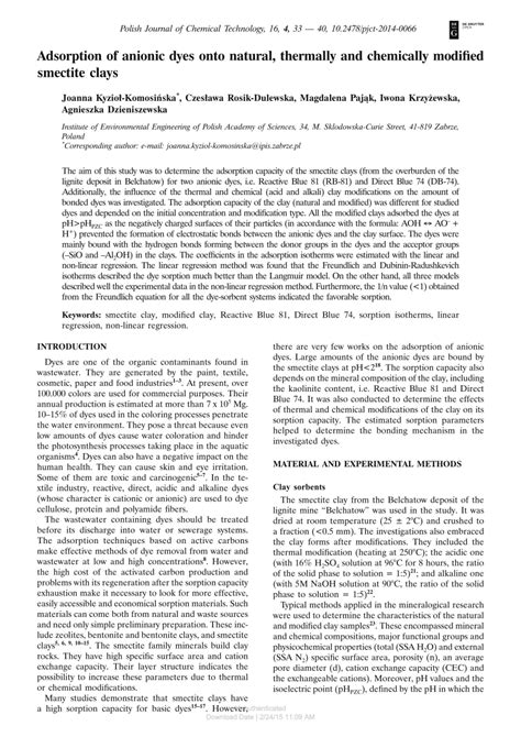 Pdf Adsorption Of Anionic Dyes Onto Natural Thermally And Chemically Modified Smectite Clays