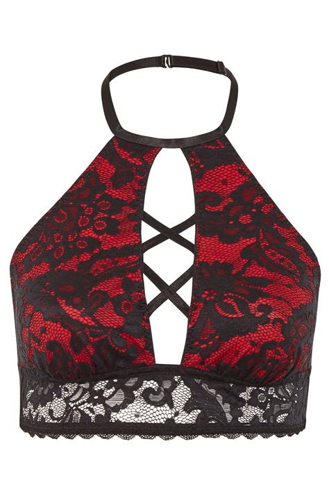 Red Boudoir Lace Halter Neck Non Padded Non Wired Bralette Yours Clothing