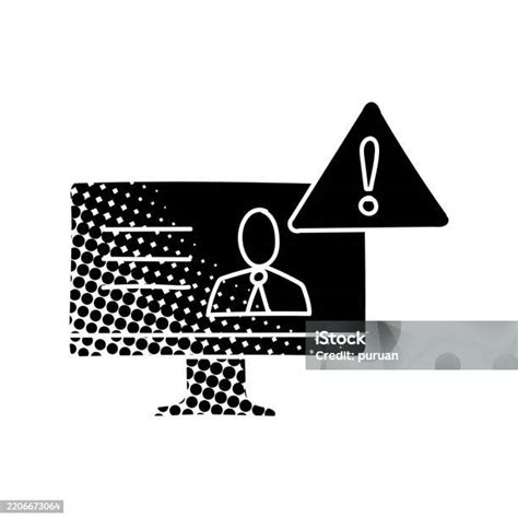 가짜 뉴스 경고 아이콘 컴퓨터 모니터 기호 검은 손으로 그린 아이콘 하프 톤 텍스처 스타일 0명에 대한 스톡 벡터 아트 및 기타