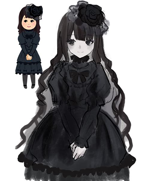 Safebooru 1girl Akai Ringo Eveyuno Black Dress Black Hair Blush