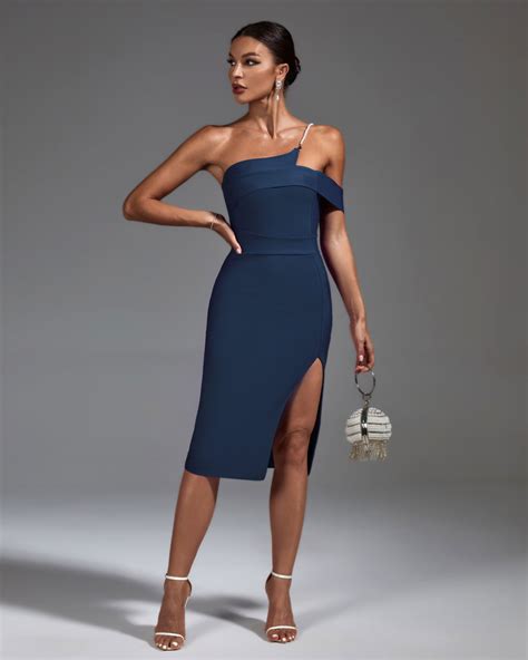 One Shoulder Pearl Chain Midi Bandage Dress Wolddress