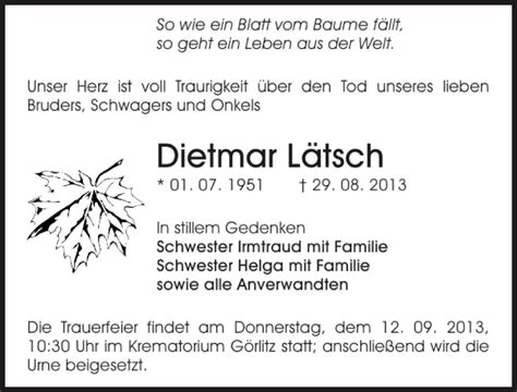 Traueranzeigen Von Dietmar Lätsch Trauer Anzeigende
