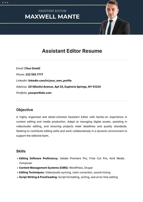 Free Assistant Editor Resume Template To Edit Online