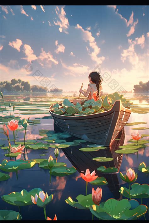少女荷花池划船湖面小船插画图片 包图网