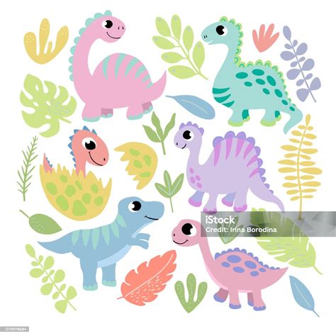 재미있는 공룡과 클립 예술의 벡터 세트 만화 스타일로 떠난다 디자인 초대장 엽서 배너 객실 장식 어린이 용 옷 인쇄용 가공의 인물에 대한 스톡 벡터 아트 및 기타 이미지
