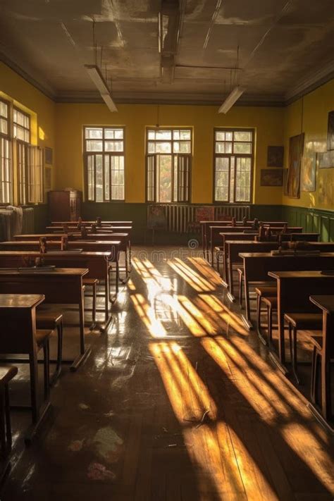 A Brightly Lit Empty Classroom With Rows Of Desks Stock Illustration