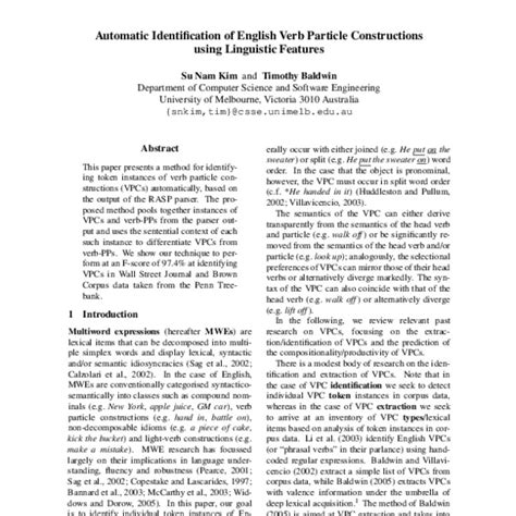 Automatic Identification Of English Verb Particle Constructions Using Linguistic Features Acl