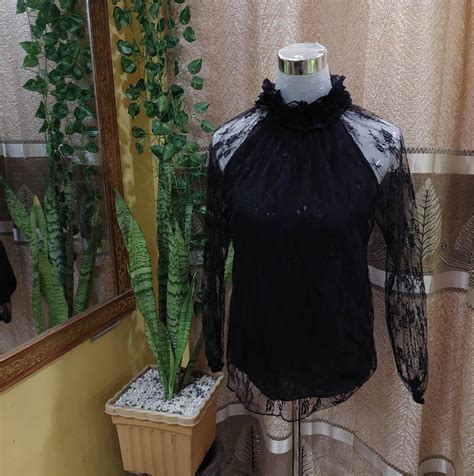 Black Halter Lace See Through Top Womens Fashion Tops Longsleeves