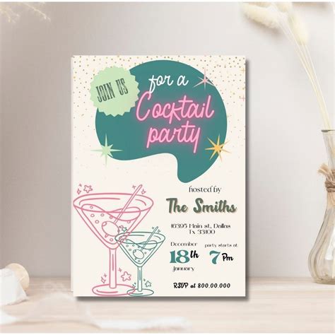 Editable And Printable Retro Cocktail Party Invitation Vintage Adult