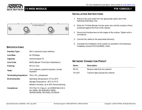Adtran T3 Wide Module Quick Start Guide
