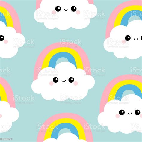 구름 무지개 원활한 패턴 재미있는 얼굴 머리입니다 귀여운 만화 가와이 재미 아기 캐릭터입니다 어린이 장식 포장지 섬유 템플릿 보육 장식 파란색 배경입니다 플랫 디자인 0명에
