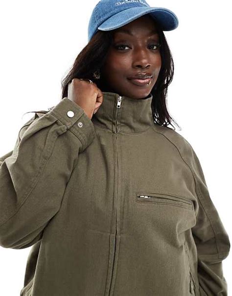 Asos Design Curve Oversized Twill Funnel Neck Jacket In Dark Olive Asos