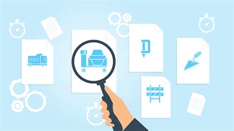 검색 아이콘으로 문서작성합니다 파일 및 돋보기 분석 연구 기호입니다 벡터 일러스트레이션 건물 건설 산업 파일 문서 연구 벡터 일러스트 개념에 대한 스톡 벡터 아트 및 기타