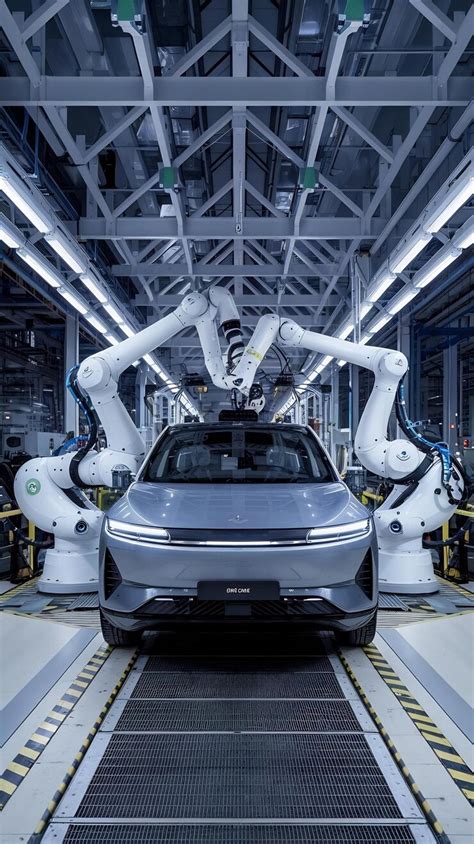 Front View Car Factory Digitalization Automated Robot Arm Assembly Line Manufacturing High Tech