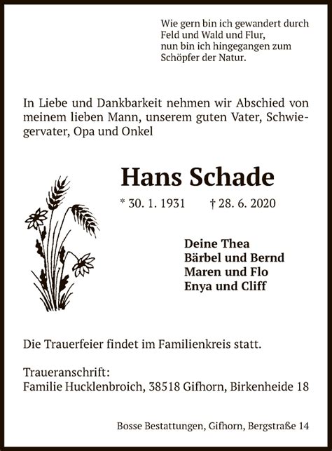Traueranzeigen Von Hans Schade Trauer Hna De