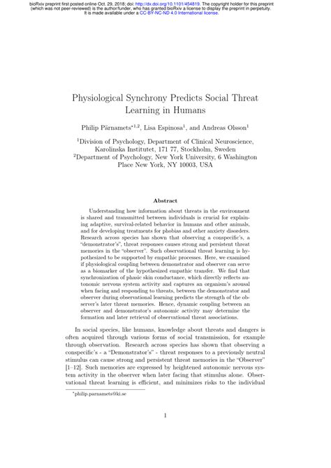 Pdf Physiological Synchrony Predicts Observational Threat Learning In