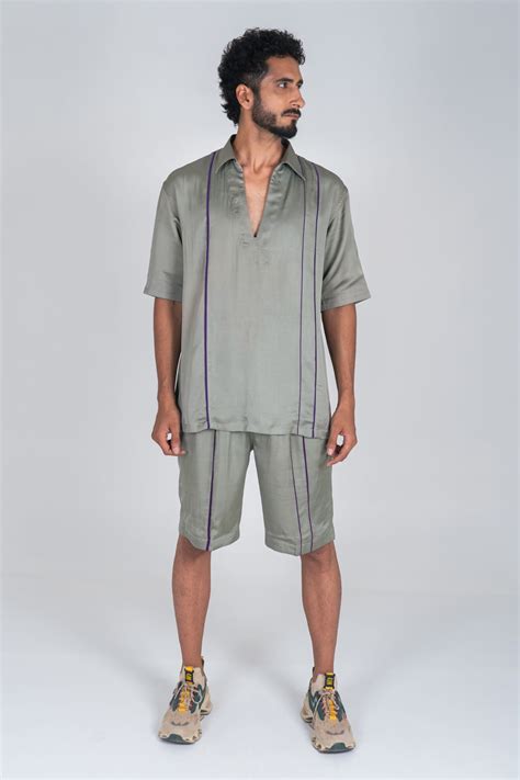 Buy Green Bemberg Modal Silk Plain Contrast Piping Detail Shorts For