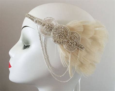 Ivory Peacock Feather 20s Flapper Rhinestone Headband Head Dress Bridal