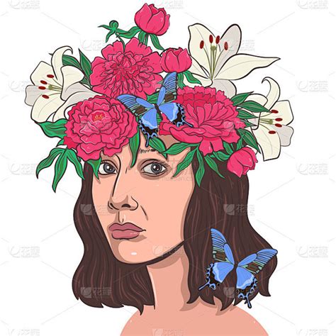 头发上戴着花的女孩。白色背景上的肖像。矢量图形。