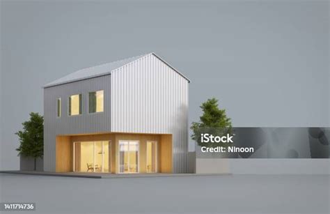 흰색 금속 시트와 회색 배경에 고립 된 목재가있는 현대적인 집 외관3d 렌더링 3차원 형태에 대한 스톡 사진 및 기타 이미지