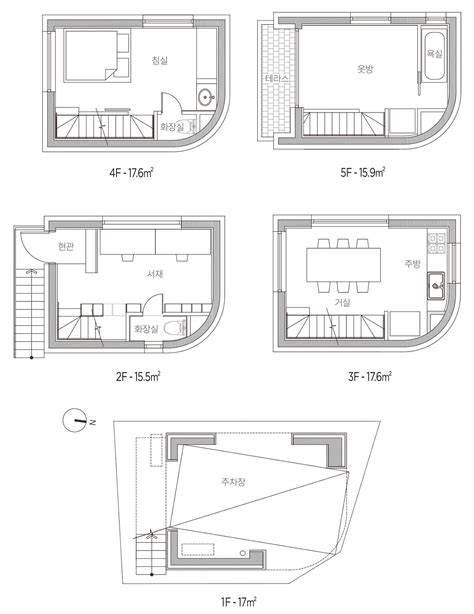 10평 땅에 지어진 5층 집 세로로seroro House 전원주택이 있는 월간 전원속의 내집 Floor Plans