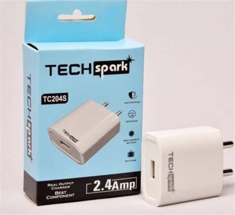 Techspark Mobile Charger Plastic Body Standard Size White Color Shock Resistant Heat
