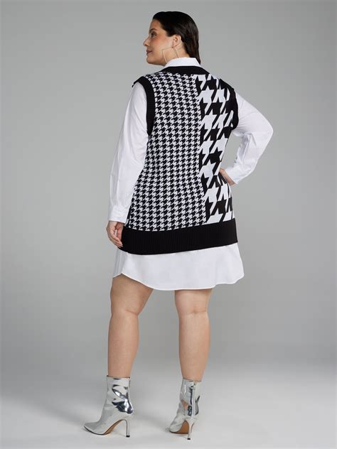 Plus Size Houndstooth 2fer Sweater Shirt Dress Fashion To Figure
