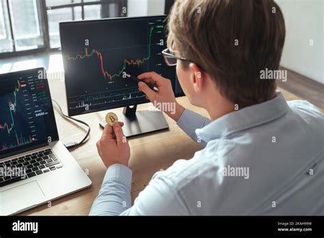 Business Man Trader Investor Holding Golden Bitcoin Buying Or Selling