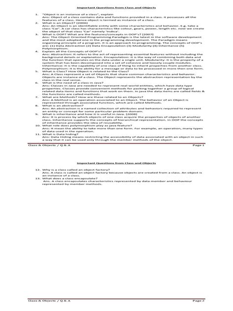 Important Questions Class And Objects Pdf Object Oriented Programming Class Computer