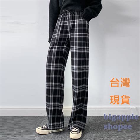 🍎台灣現貨 韓系質感格子長褲 黑白格子褲 格紋長褲 鬆緊腰寬鬆直筒褲 格紋褲 鬆緊腰圍女生工作長褲黑褲黑長褲寬褲褲子 蝦皮購物