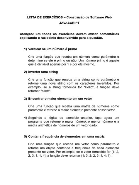 Lista De Exercícios Javascript Pdf Matriz Matemática Script Java