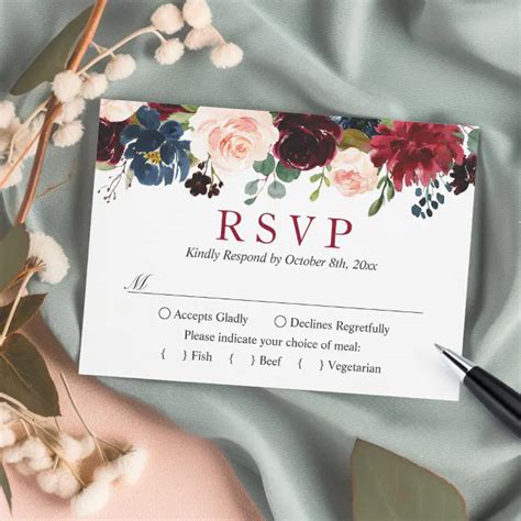 Burgundy Bloom Blush Blue Floral Wedding RSVP Card Zazzle