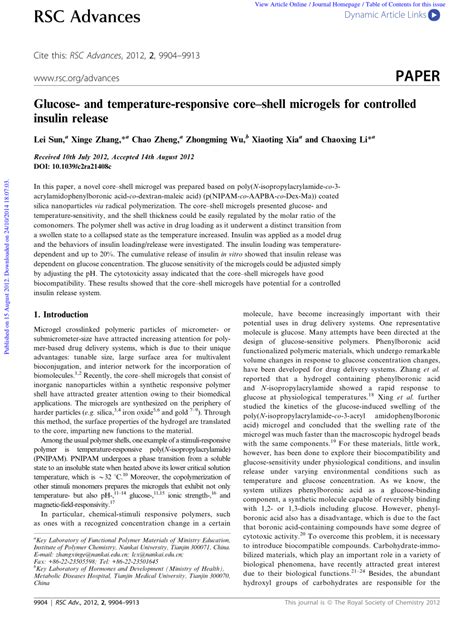 Pdf Glucose And Temperature Responsive Coreshell Microgels For