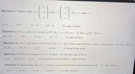 Solved Question 1 Suppose That U⎝⎛1−2a⎠⎞ And V⎝⎛6−x−1⎠⎞