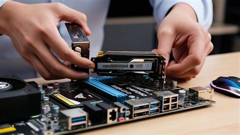 Hands Installing Graphics Card Into Desktop Motherboard Component