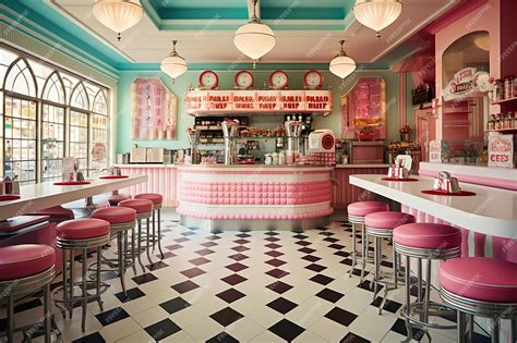 Colorful Ice Cream Parlor Interior With Retro Decor Premium Ai
