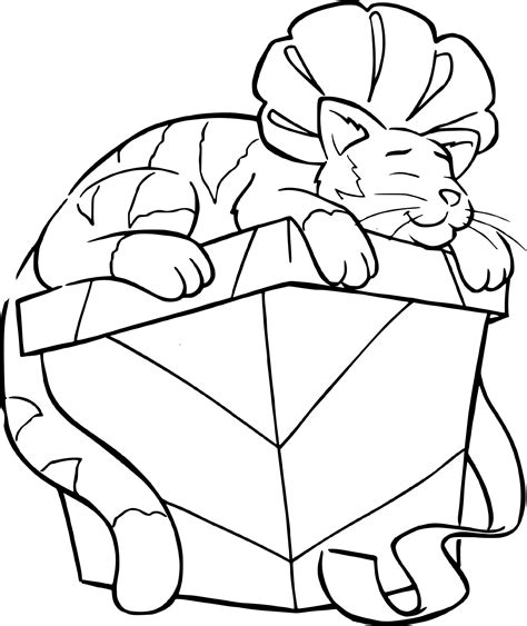 Coloriage Chat Dort Sur Un Cadeau De Noel à Imprimer