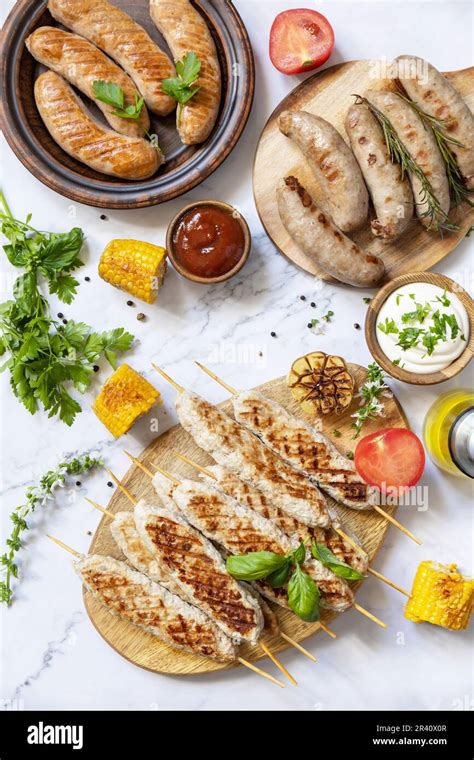 Grill Food Menu Various Bbq Grilled Sausages With Fresh Herbs And