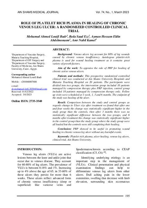 Pdf Role Of Platelet Rich Plasma In Healing Of Chronic Venous Leg Ulcer A Randomized