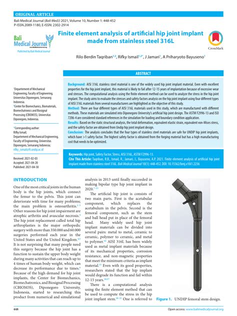 Pdf Finite Element Analysis Of Artificial Hip Joint Implant Made From