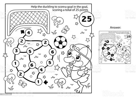 수학 추가 게임 아이들을위한 퍼즐 미로 색칠 공부 페이지 개요 만화 오리 또는 축구 공으로 새끼 오리 축구 스포츠 어린이를위한 색칠 공부 책 0명에 대한 스톡 벡터 아트 및