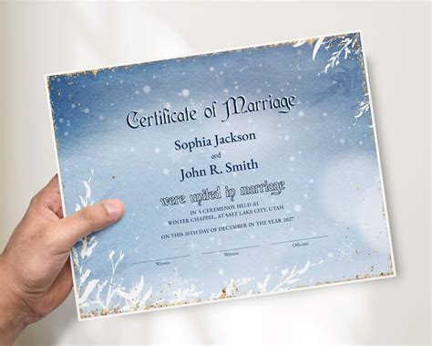 Winter Wedding Keepsake Certificate Template Editable Certificate Of