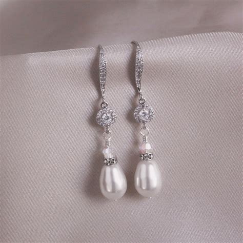 Silver Dangle Pearl Earrings Bridal Earrings Wedding Jewelry Etsy